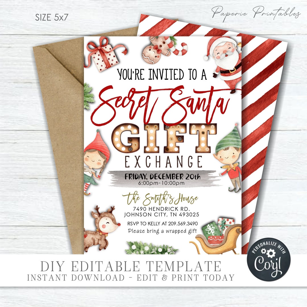 EDITABLE Secret Santa Christmas Party Invitation Secret Santa Party ...