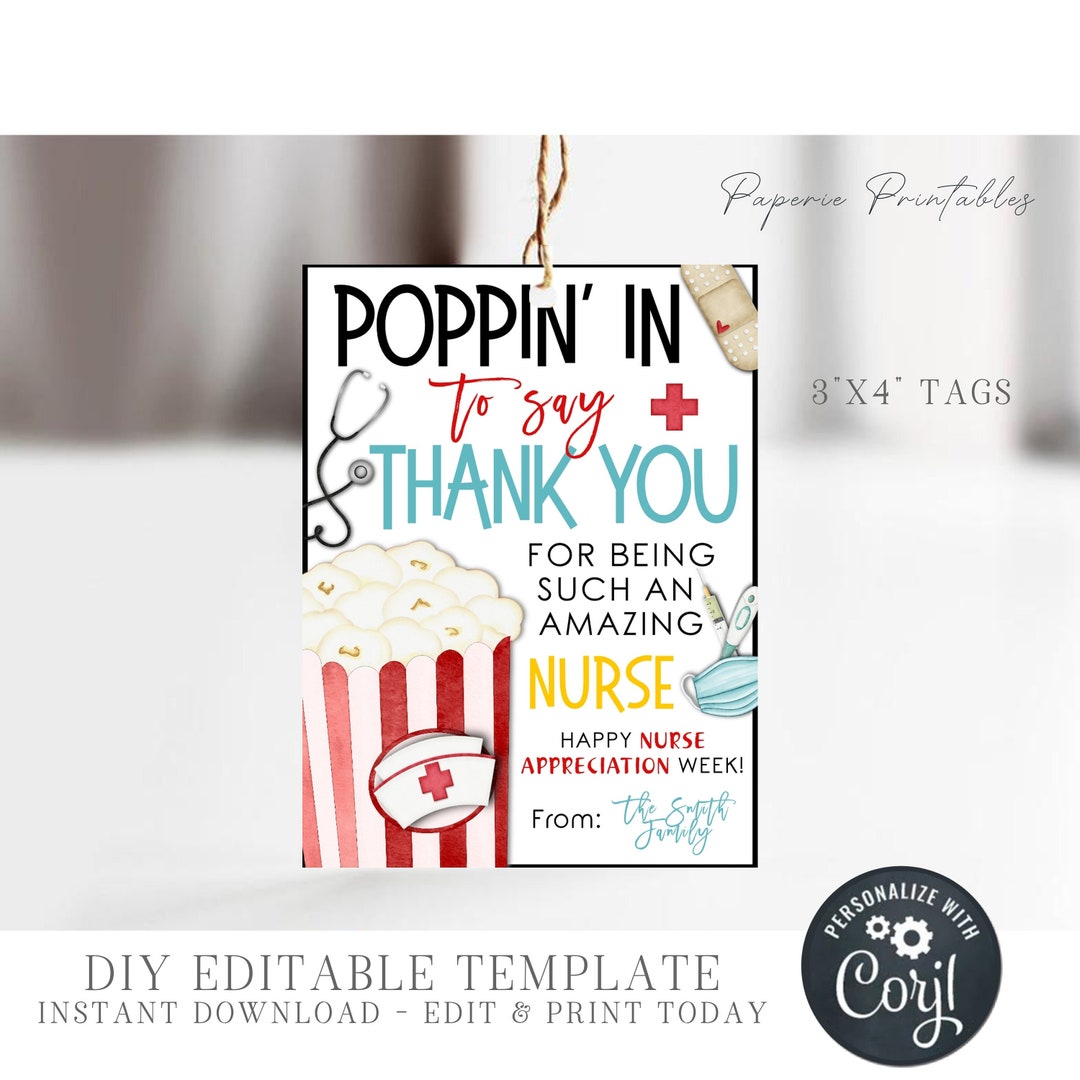 EDITABLE Popcorn Nurse Appreciation Gift Tag, Nurse Appreciation Tag ...