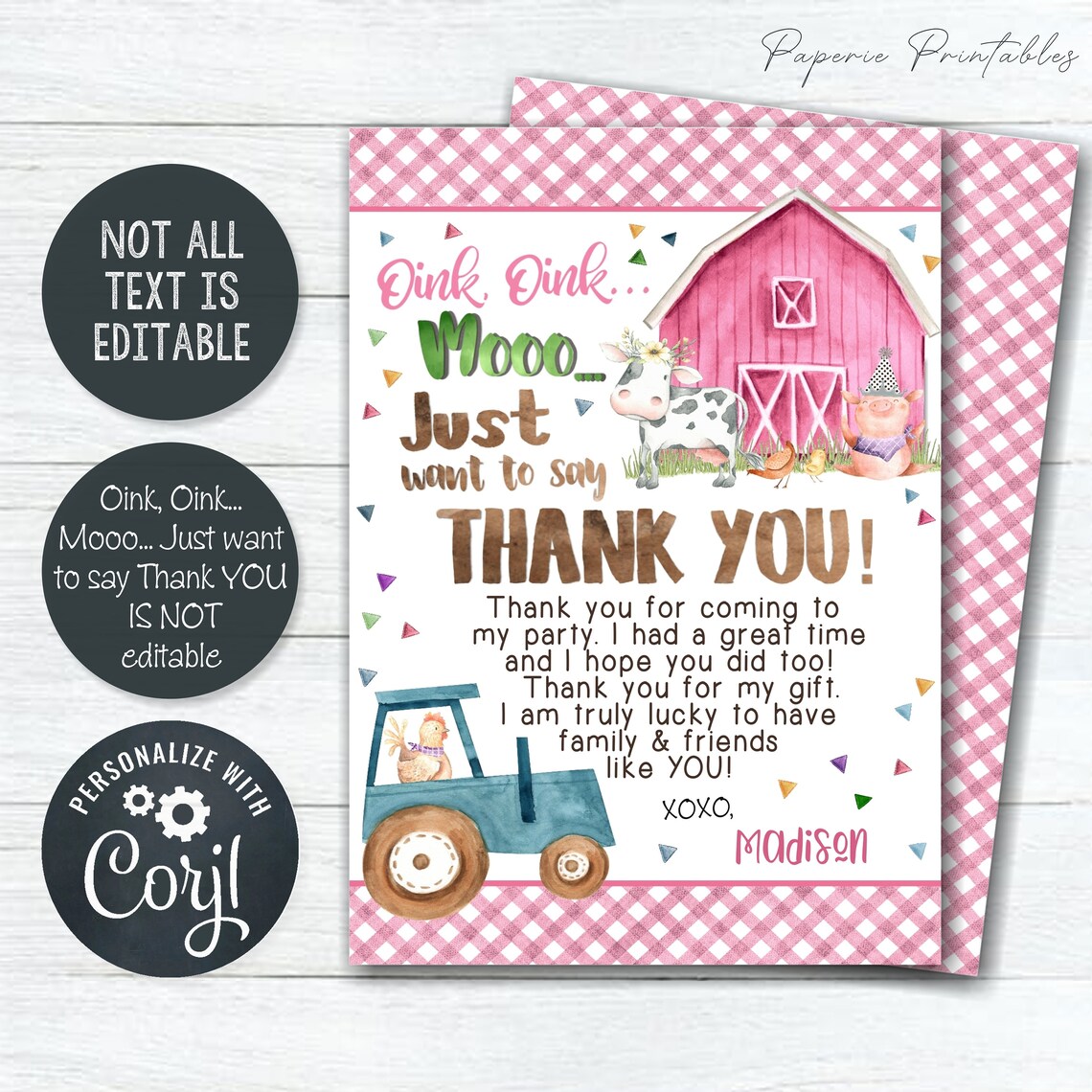 EDITABLE Farm Birthday Thank You Card DIY Farm Birthday - Etsy
