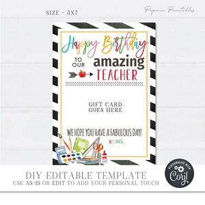 Editable Teacher Birthday Gift Card Holder (DIY Corjl Printable) - Etsy