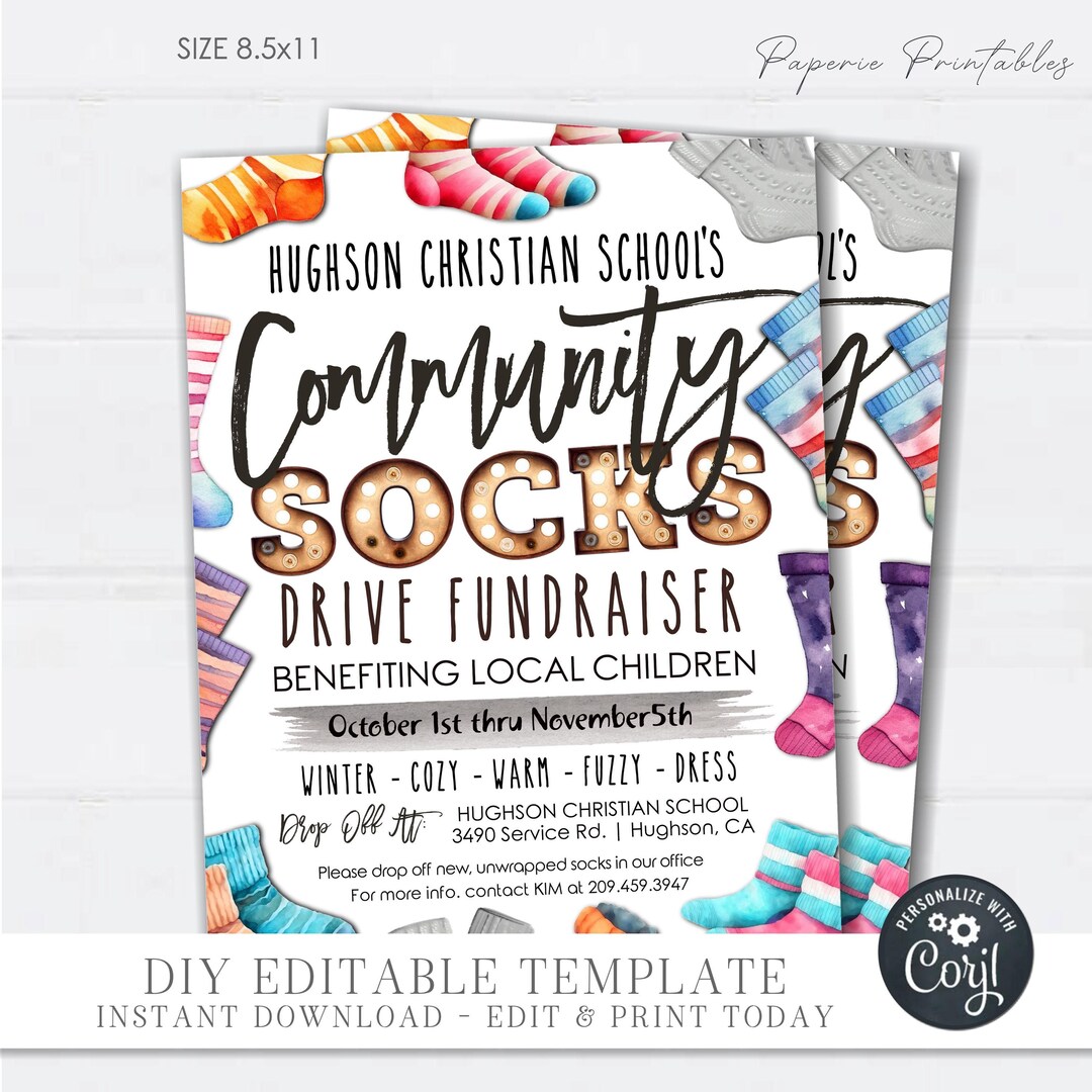 Editable Community Sock Drive Flyer: Winter Fundraiser (DIY Corjl ...