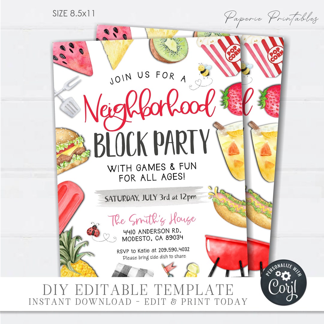 Editable Neighborhood Block Party BBQ Invitation, Neighborhood Block ...