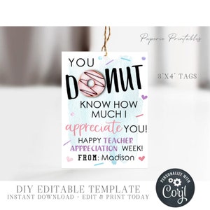 EDITABLE Donut Teacher Appreciation Gift Tag, Teacher Appreciation Card ...