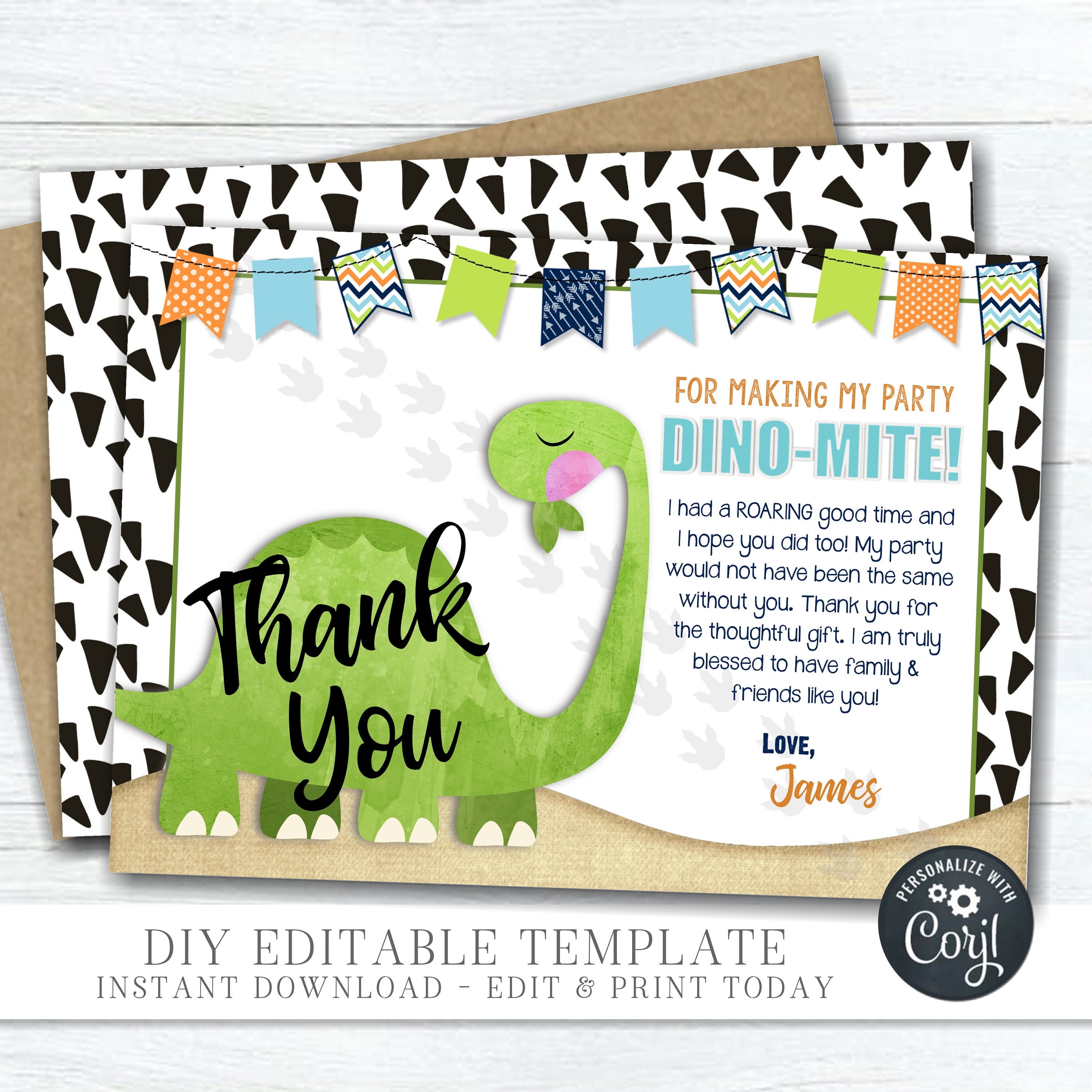 EDITABLE Dinosaur Birthday Thank You Card Dinosaur Thank You - Etsy