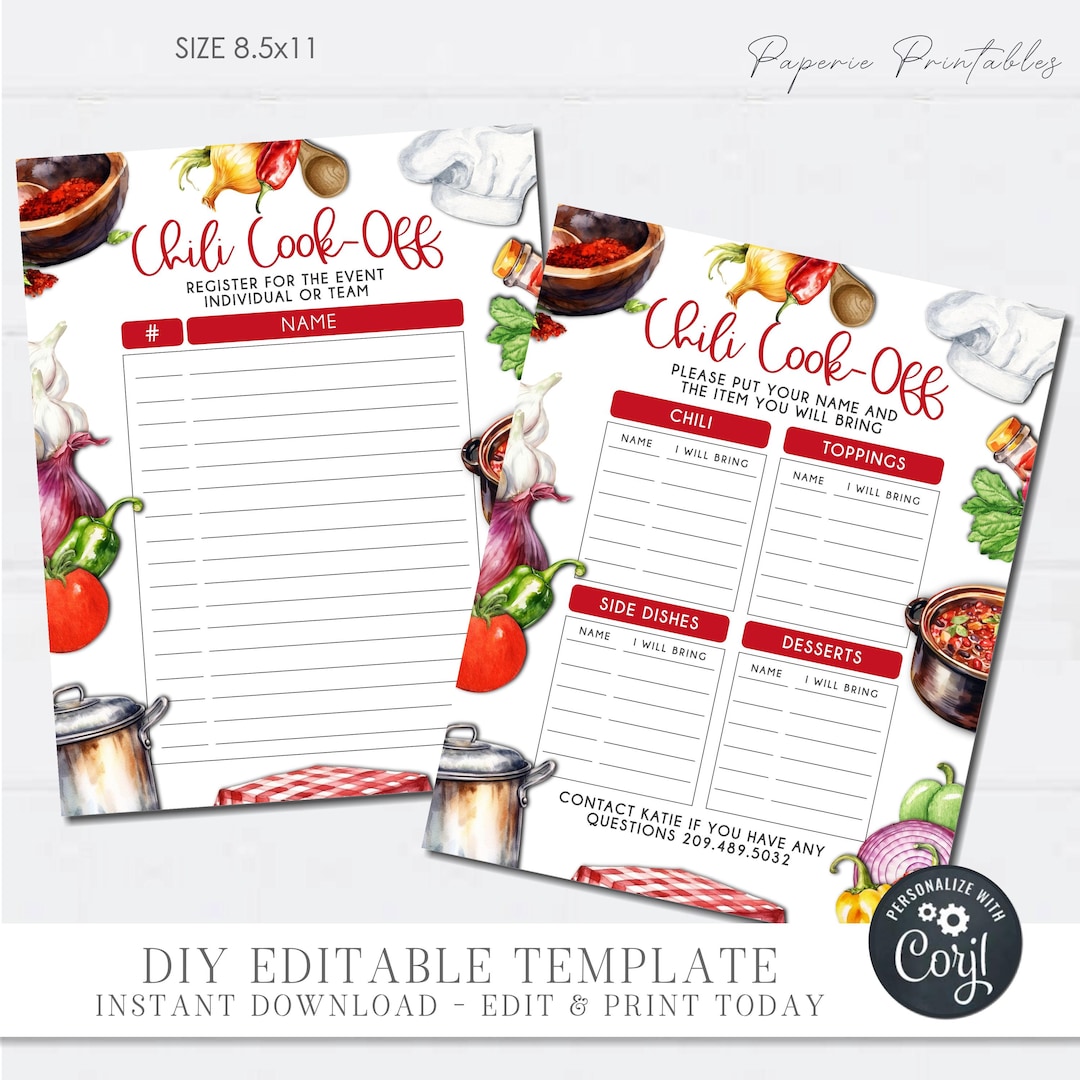 Editable Chili Cook off Sign up Sheet, Chili Potluck Sign up Sheet ...