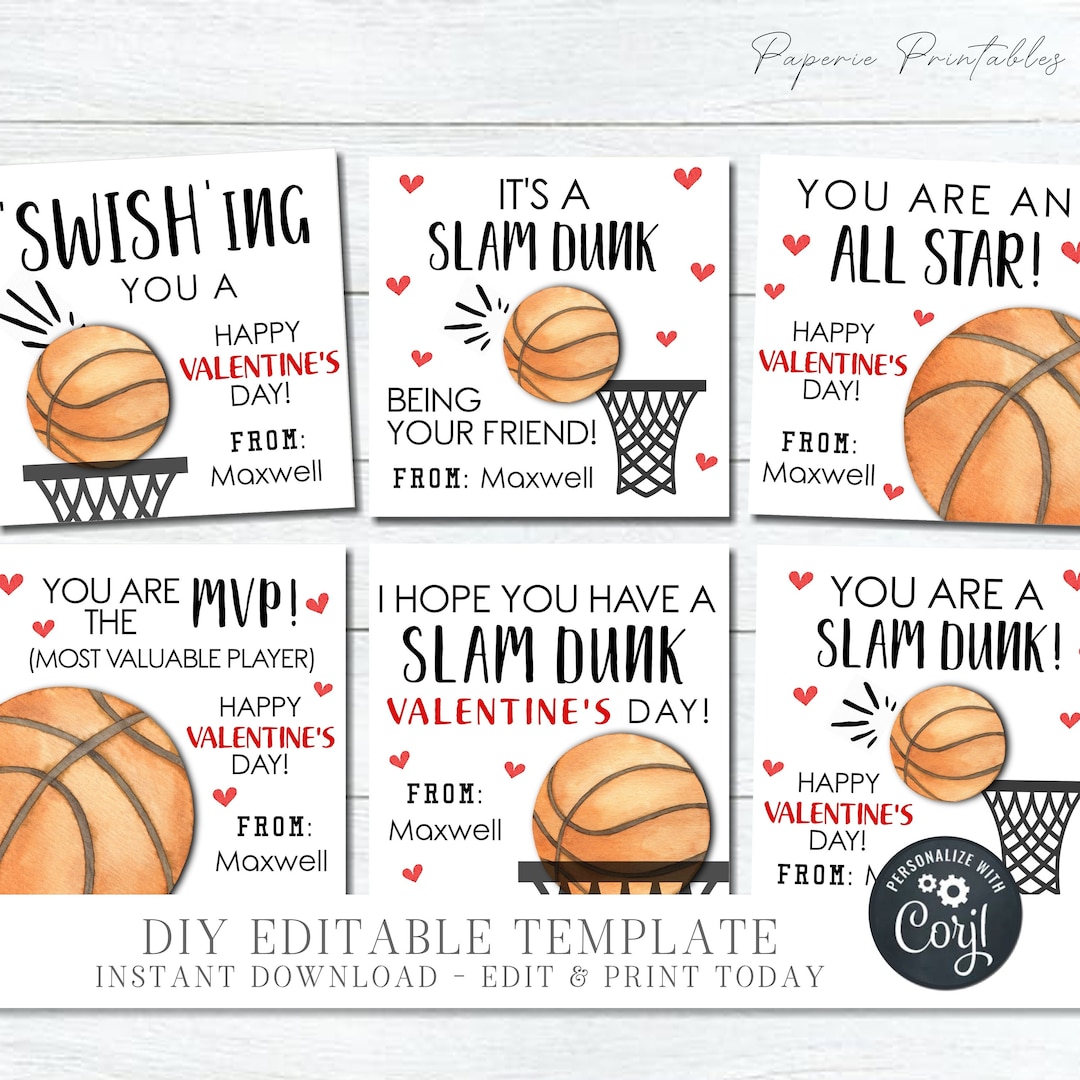 Basketball Valentine Cards: Editable Kids School Tags (digital Download ...