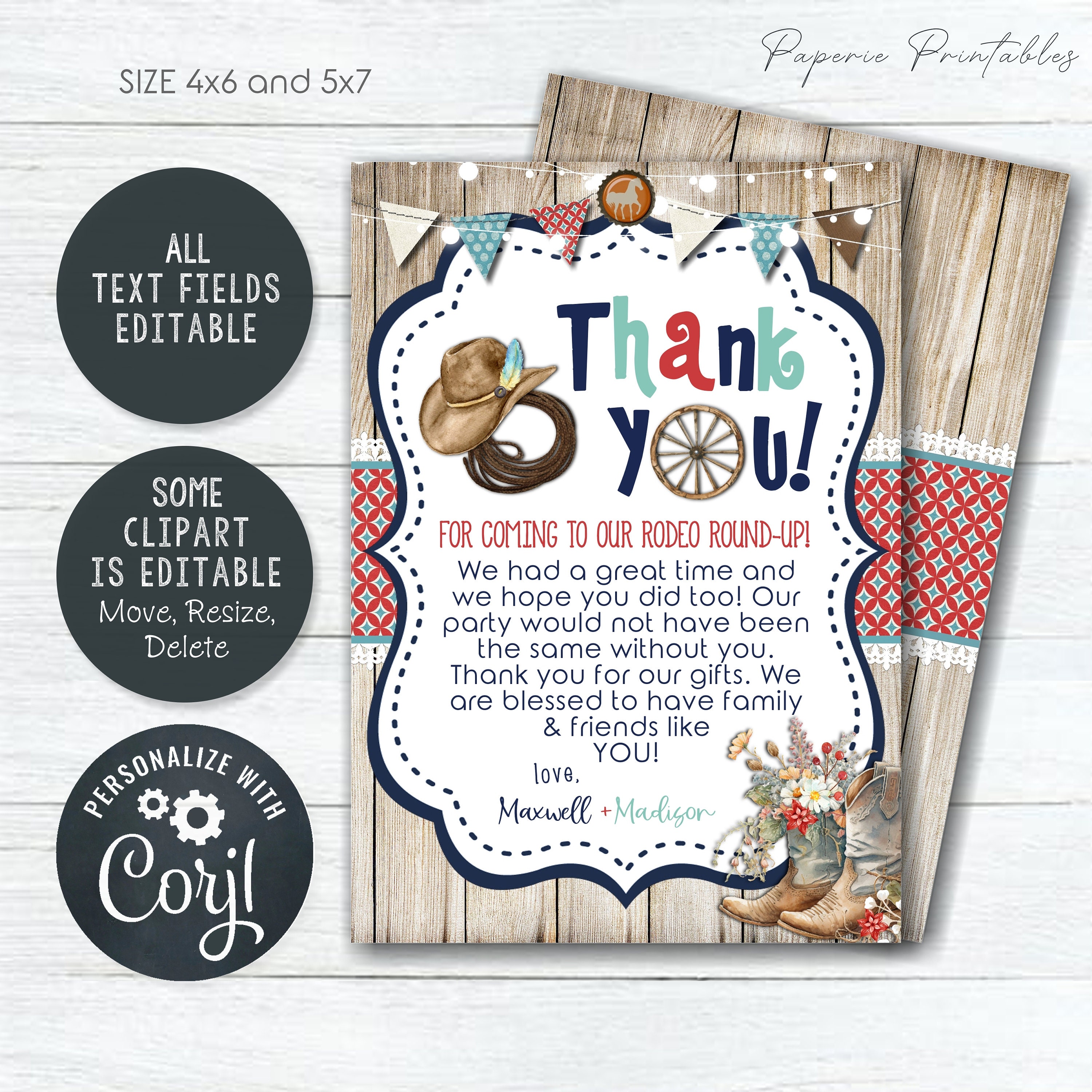 Editable Cowboy Birthday Thank You Card: Western Theme (DIY With Corjl ...