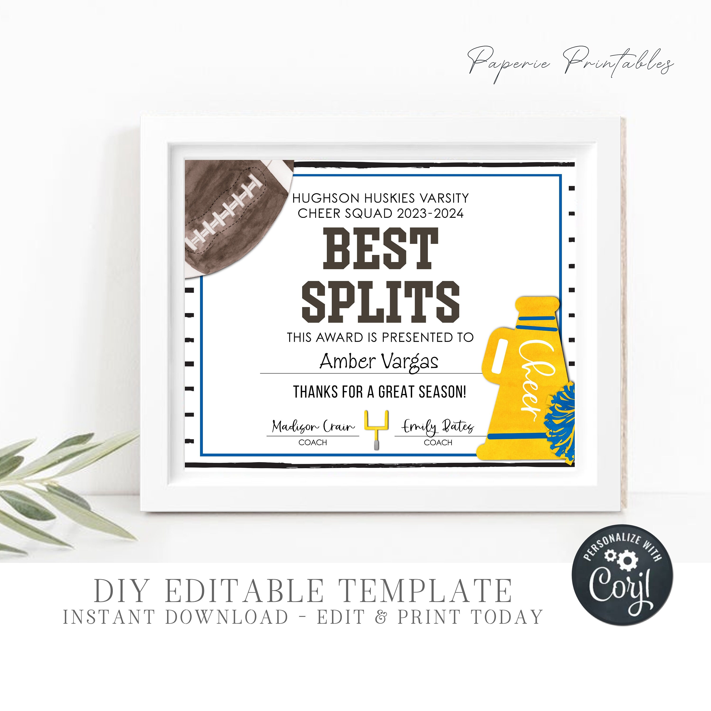 Editable Cheerleading Award Certificate: Yellow & Blue Team (DIY Corjl ...