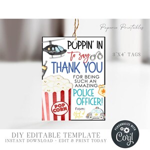 Editable Popcorn Police Appreciation Gift Tags (DIY Corjl, Digital ...