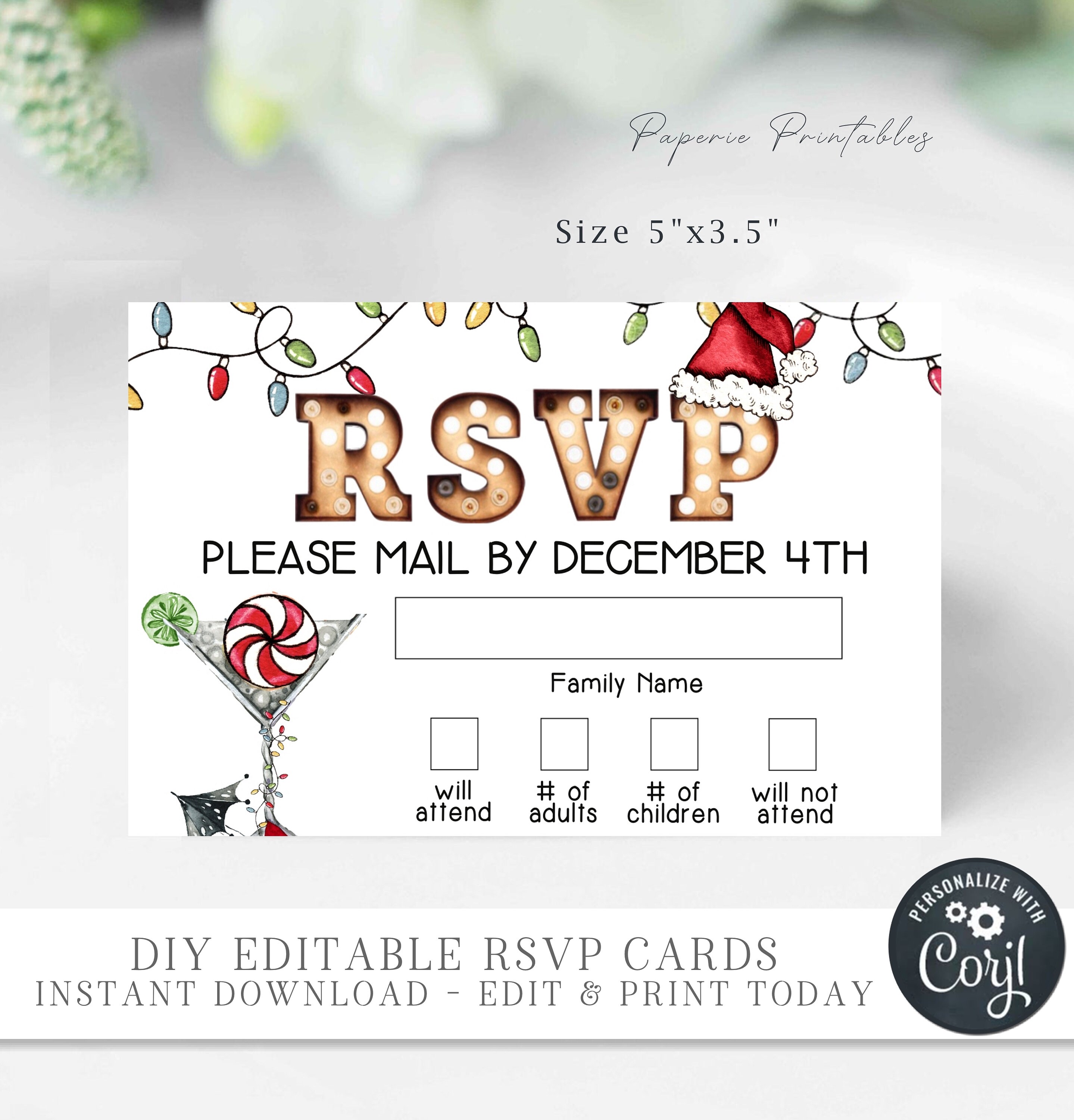 Editable Christmas Party RSVP Cards: Cocktail Theme (DIY Corjl Template ...