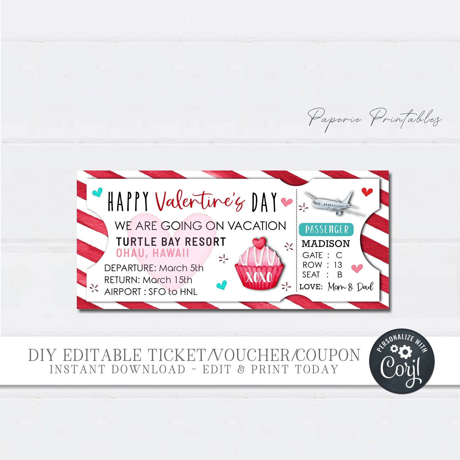 EDITABLE Vacation Boarding Pass Gift Voucher Valentine Gift - Etsy