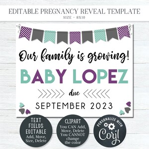 Editable Our Family is Growing Pregnancy Announcement Sign, New Baby ...