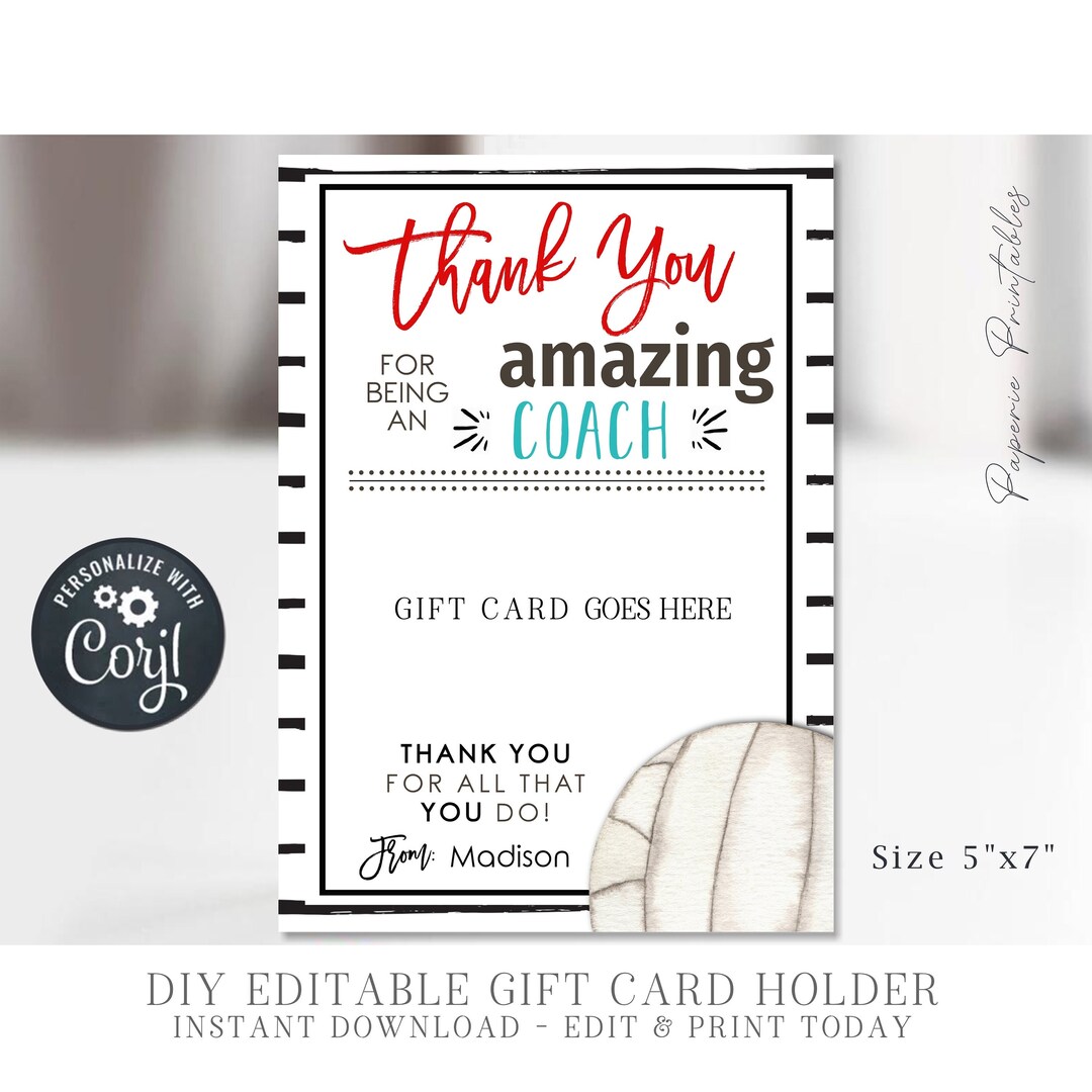 EDITABLE Volleyball Coach Appreciation Gift Card Holder, Coach ...
