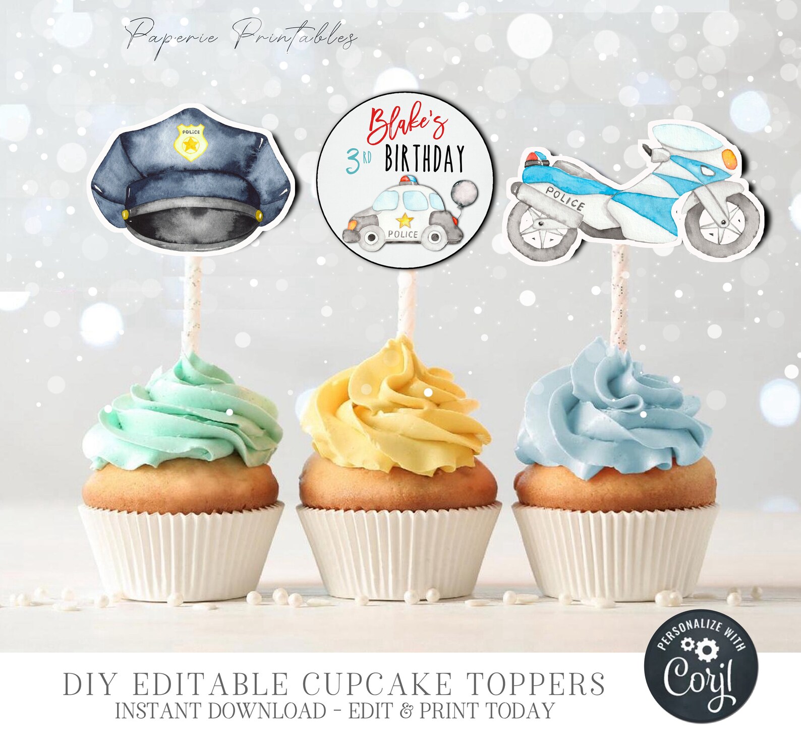Editable Police Birthday Cupcake Toppers: DIY Party Decor (digital ...