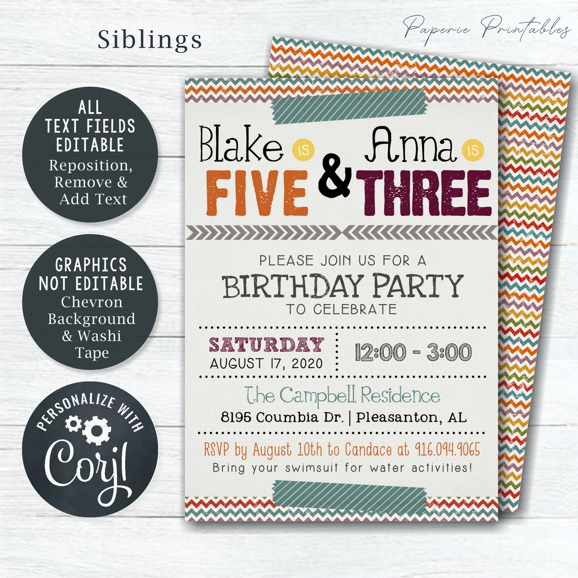 EDITABLE Siblings Birthday Invitation DIY Birthday Template - Etsy