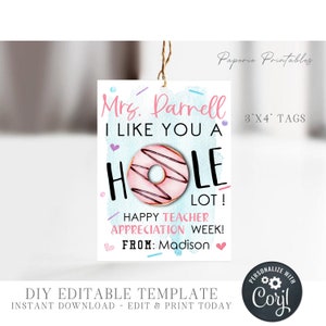 EDITABLE Donut Teacher Appreciation Gift Tag, Teacher Appreciation Card ...