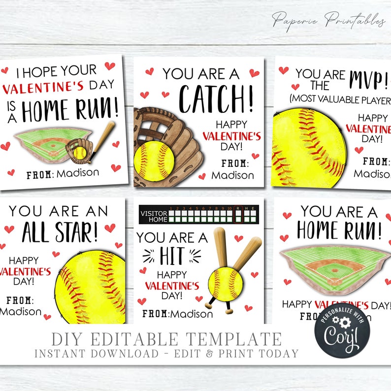 Softball Valentine Cards: Editable Sports Tags (digital Download) - Etsy