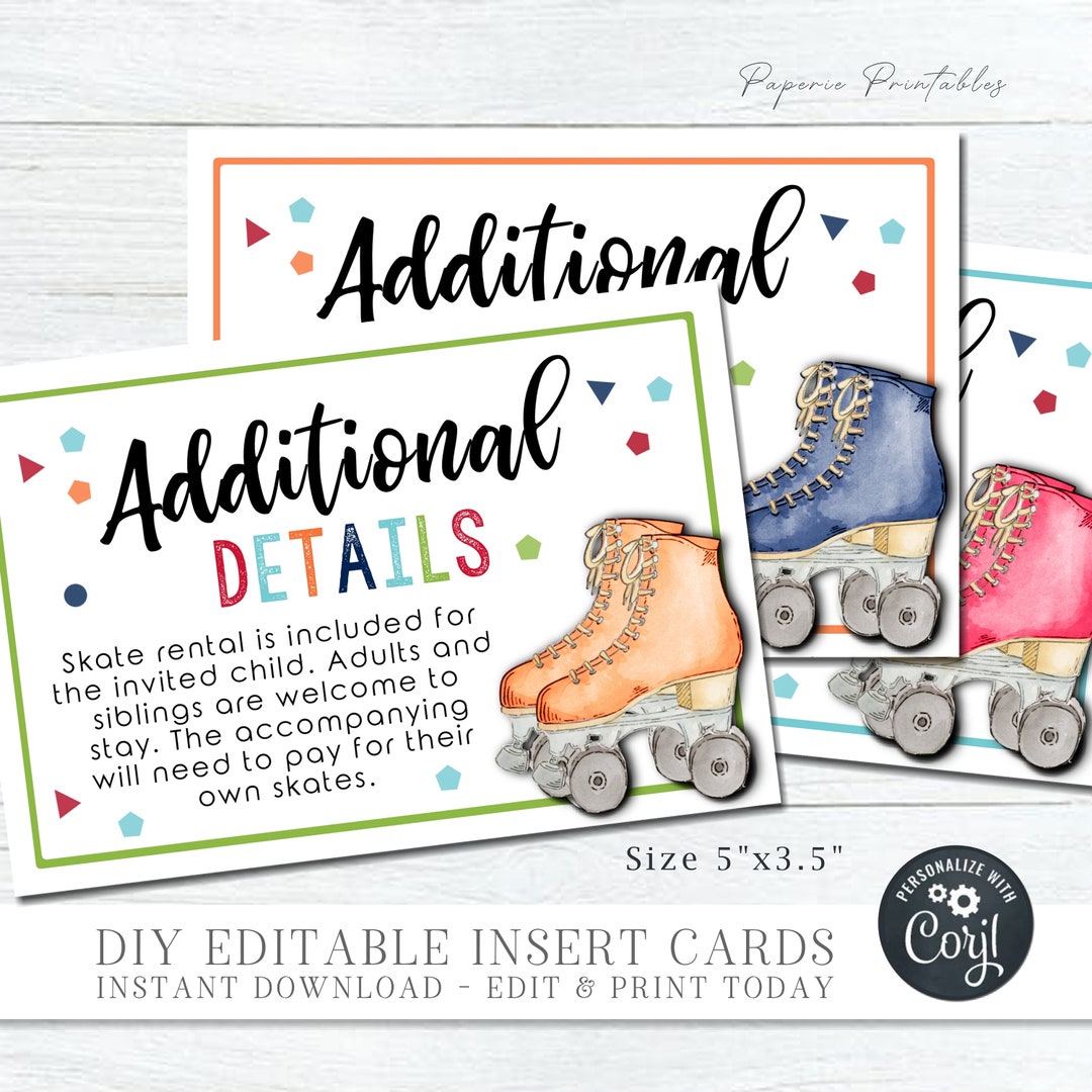Editable Roller Skating Birthday Insert Cards, Additional Details ...