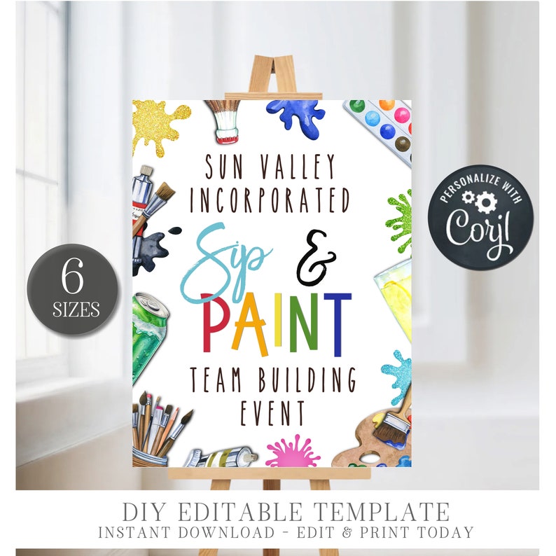 Editable Sip and Paint Party Welcome Sign Poster (DIY Corjl Template) # ...