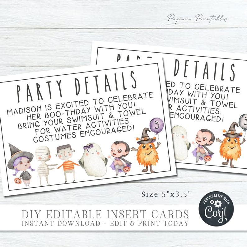 Editable Halloween Birthday Insert Cards: Costume Party Details (DIY ...