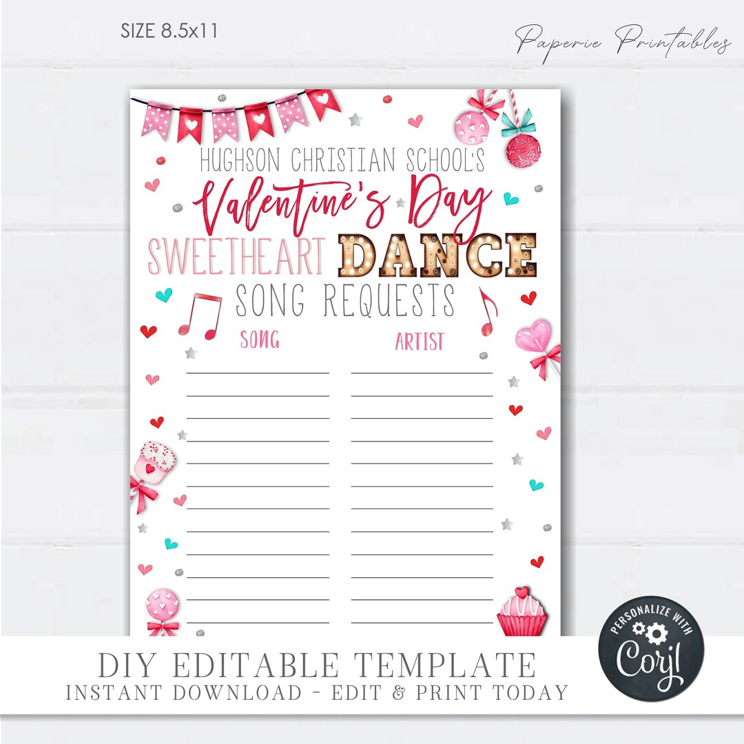 EDITABLE Sweetheart Dance Song Request Sign up Sheet, Daddy Daughter Dance,, Valentine's Day ...