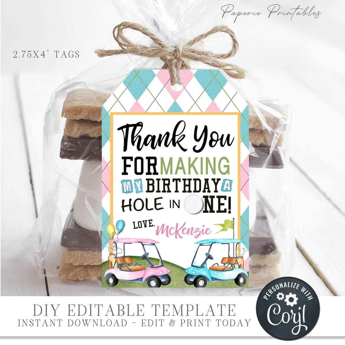 Golf Birthday Thank You Tag: Editable Party Favor (DIY Corjl) #BP05 # ...