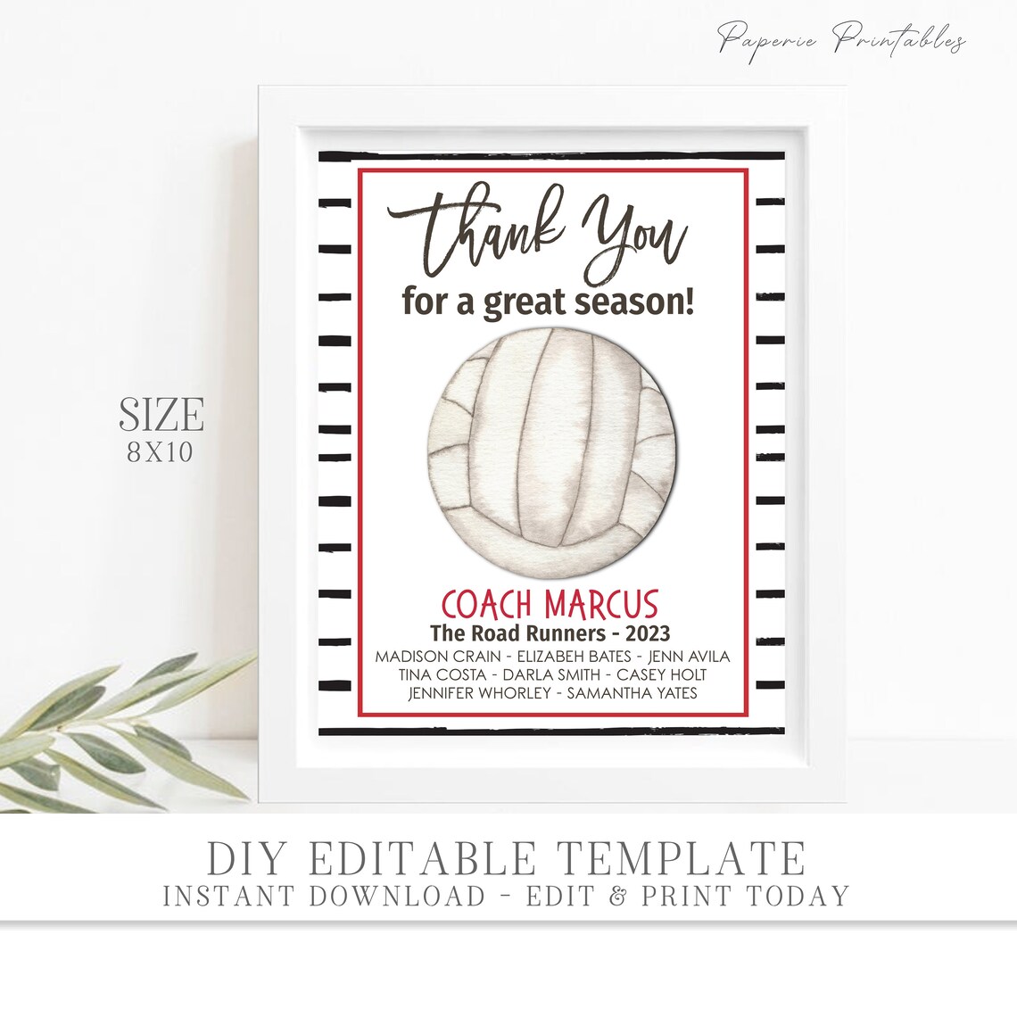 Editable Volleyball Coach Gift Printable: Team Appreciation (DIY Corjl ...