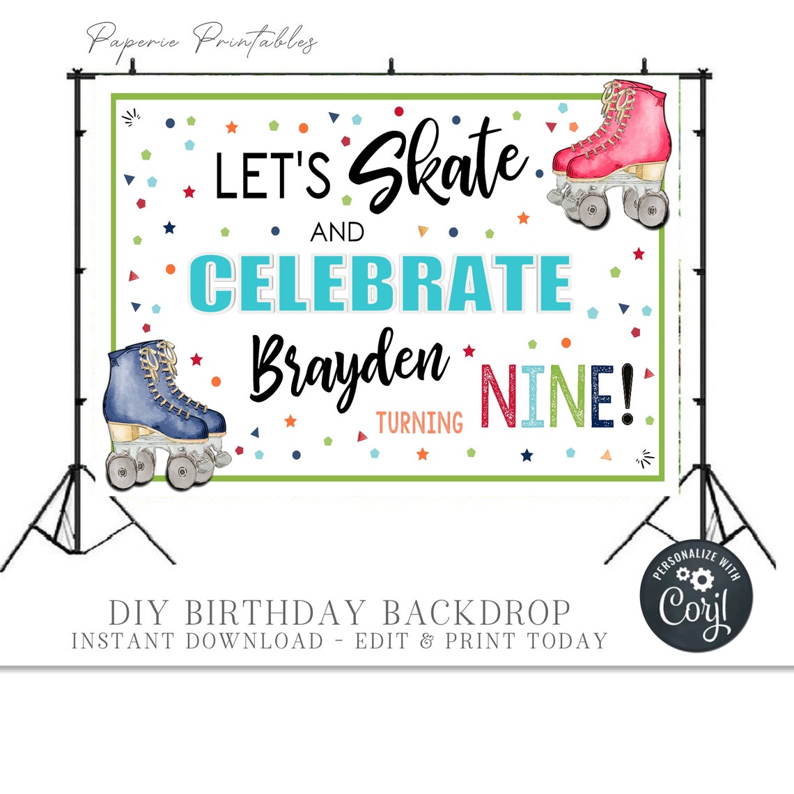 Roller Skating Birthday Backdrop: Editable Party Banner (digital ...