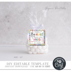 EDITABLE Thank You Teacher Appreciation Tag, Take BIG Heart Teach ...