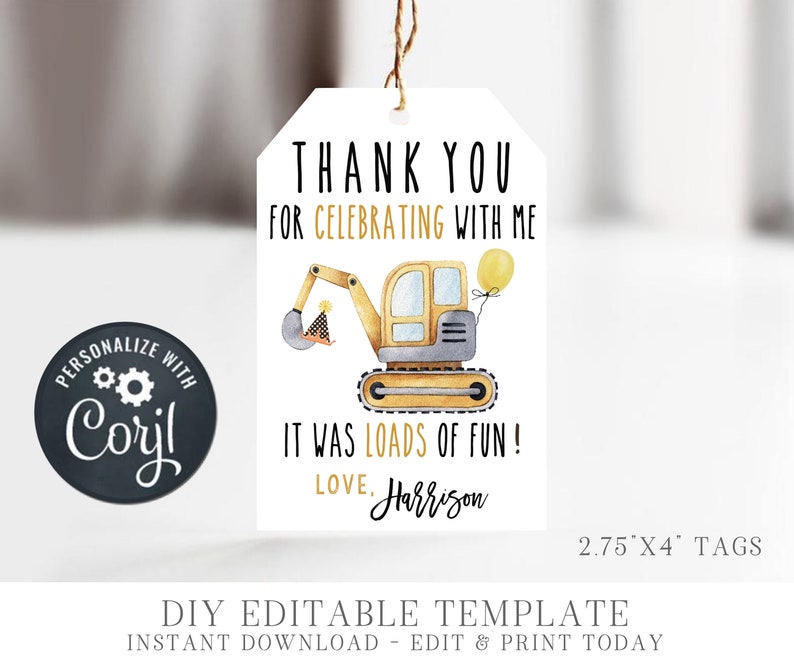 EDITABLE Construction Birthday Party Favor Tags DIY Party - Etsy