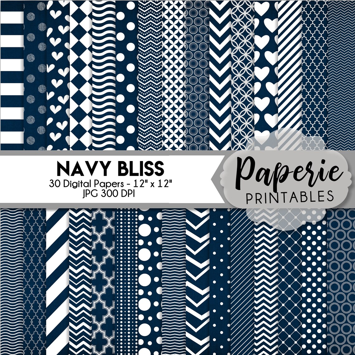 Navy & White Digital Paper: 12x12 Scrapbook Patterns (digital Download ...