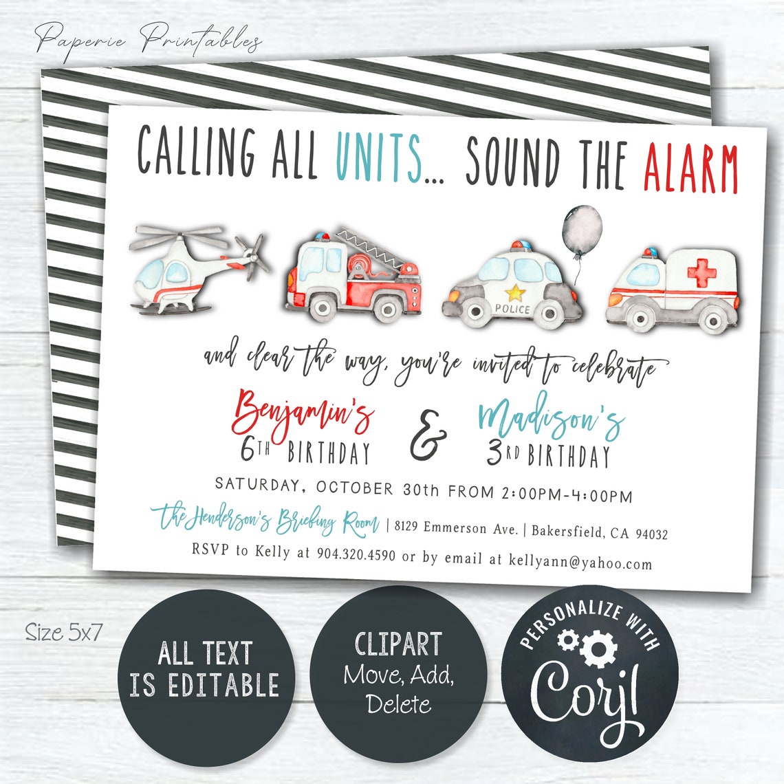 EDITABLE First Responders Birthday Invitation Emergency - Etsy