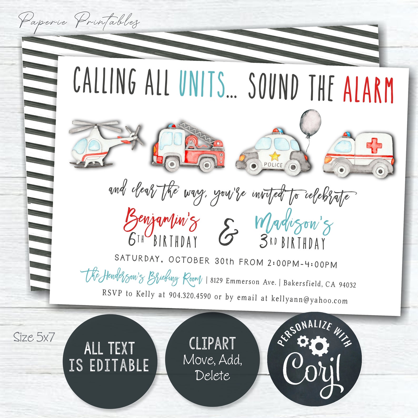 EDITABLE First Responders Birthday Invitation, Emergency Vehicles ...