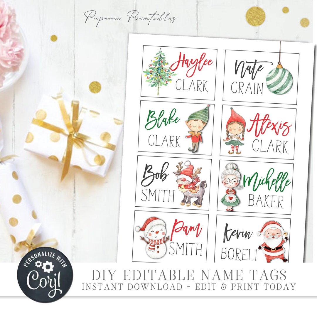 Editable Christmas Name Tag Labels, Name Tags, Holiday Name Tag Labels ...