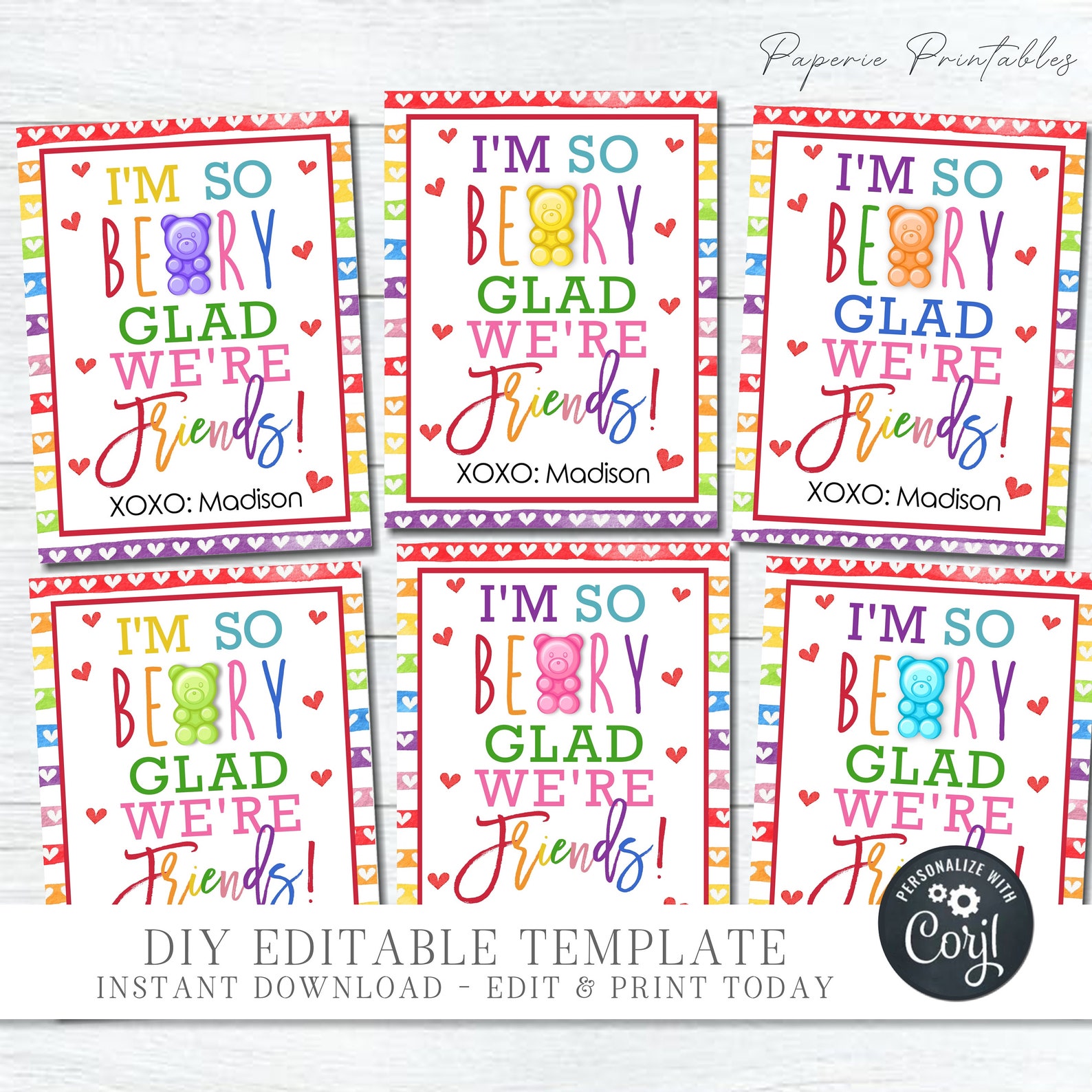 Editable Gummy Bear Valentine Tags Kids Valentine Cards - Etsy