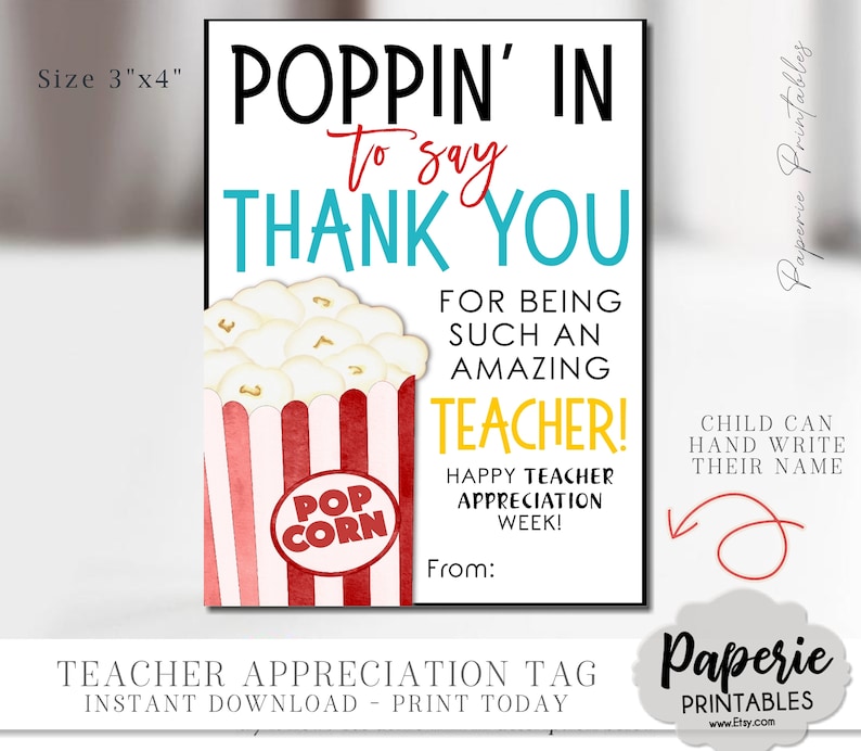 EDITABLE Popcorn Teacher Appreciation Gift Tag Teacher - Etsy
