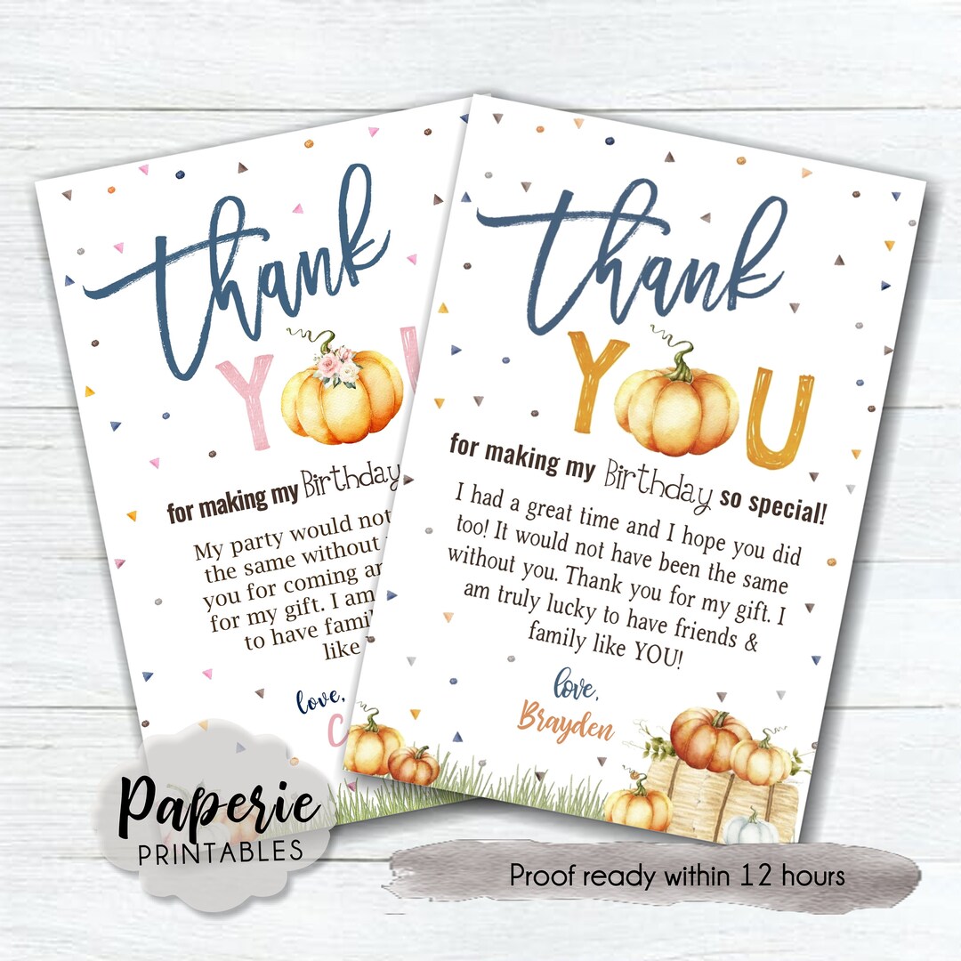 Pumpkin Birthday Thank You Card Fall Birthday Party Thank - Etsy