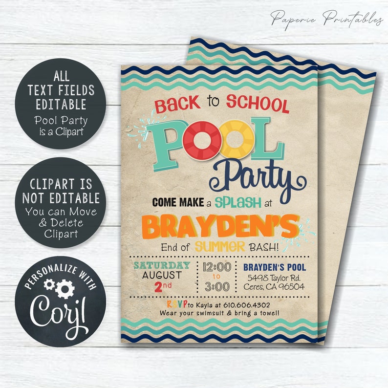 EDITABLE Back to School Pool Party Invitation End of Summer | Etsy