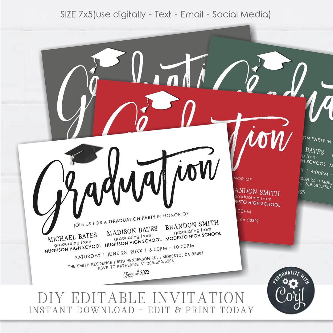 3 Graduates Graduation Invitation Template: Editable Party Invite (DIY ...
