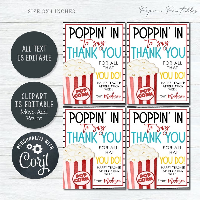 Editable Popcorn Teacher Appreciation Gift Tag (digital Download) # ...