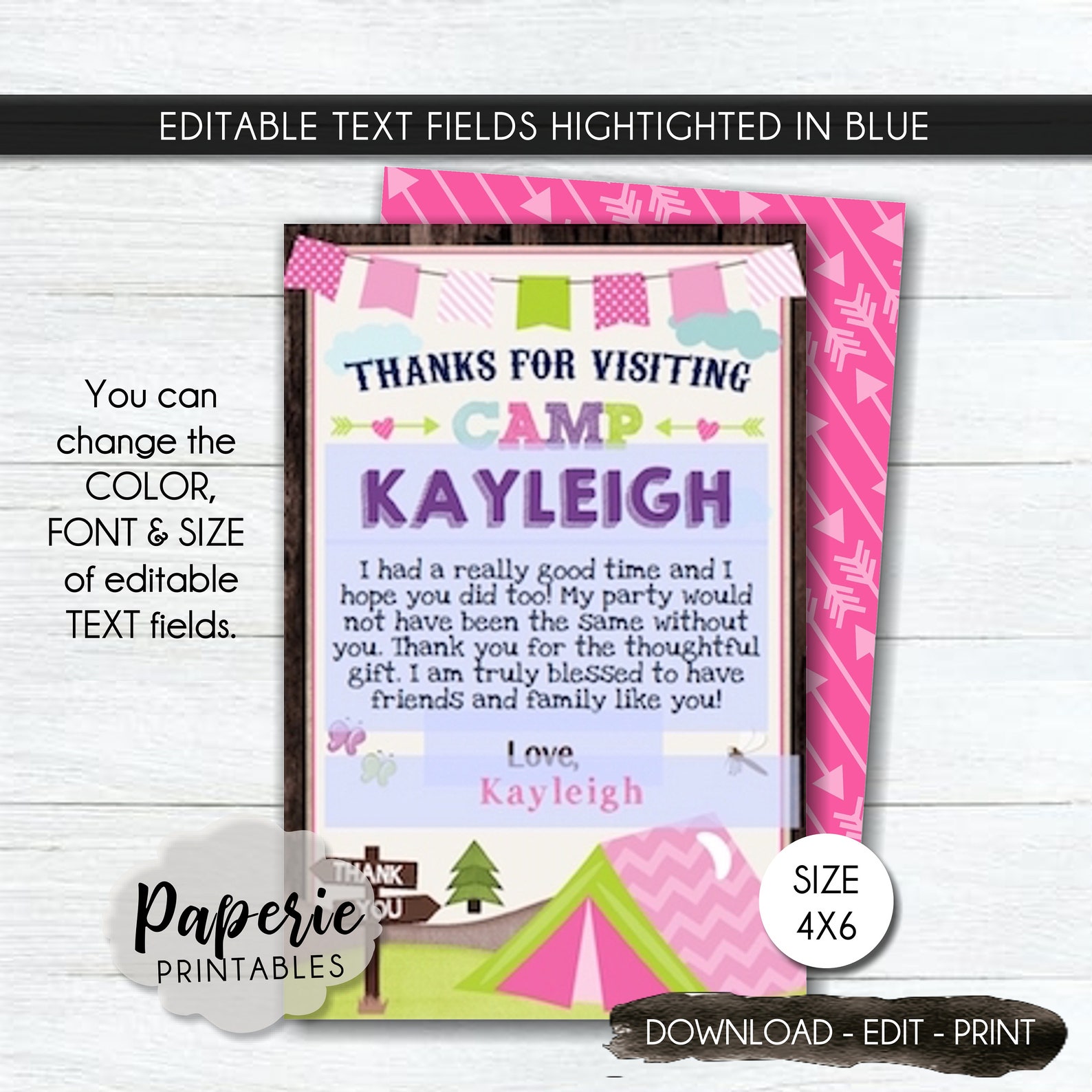 Camping Birthday Thank You Card Girl Camping Thank You - Etsy