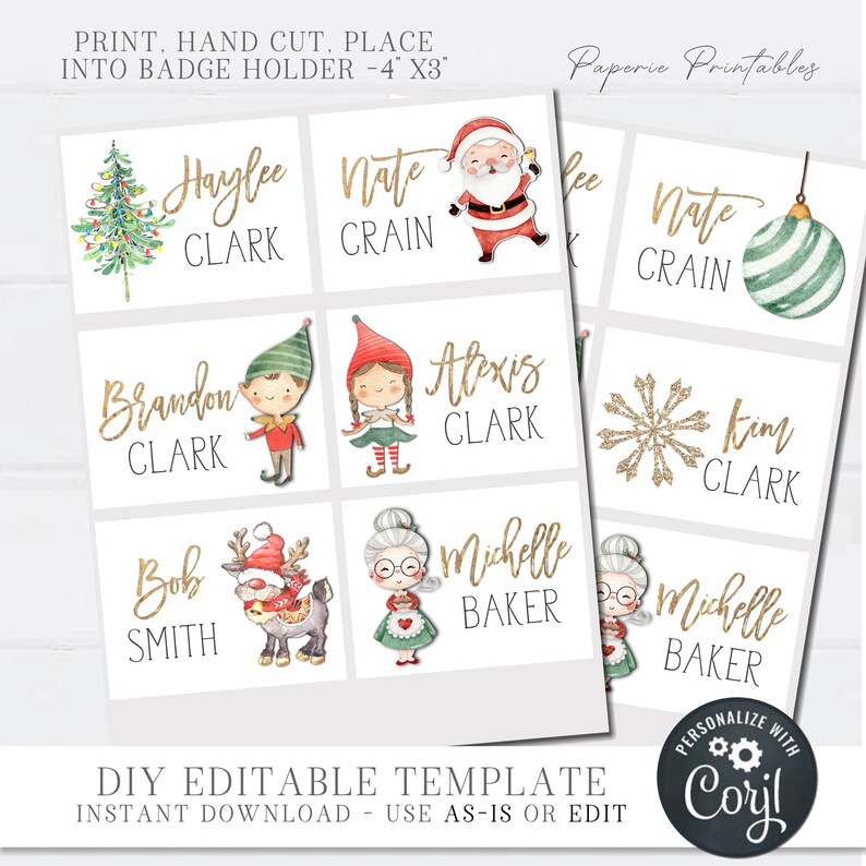 Editable Christmas Name Tag Labels, Name Tags, Holiday Name Tag Labels ...
