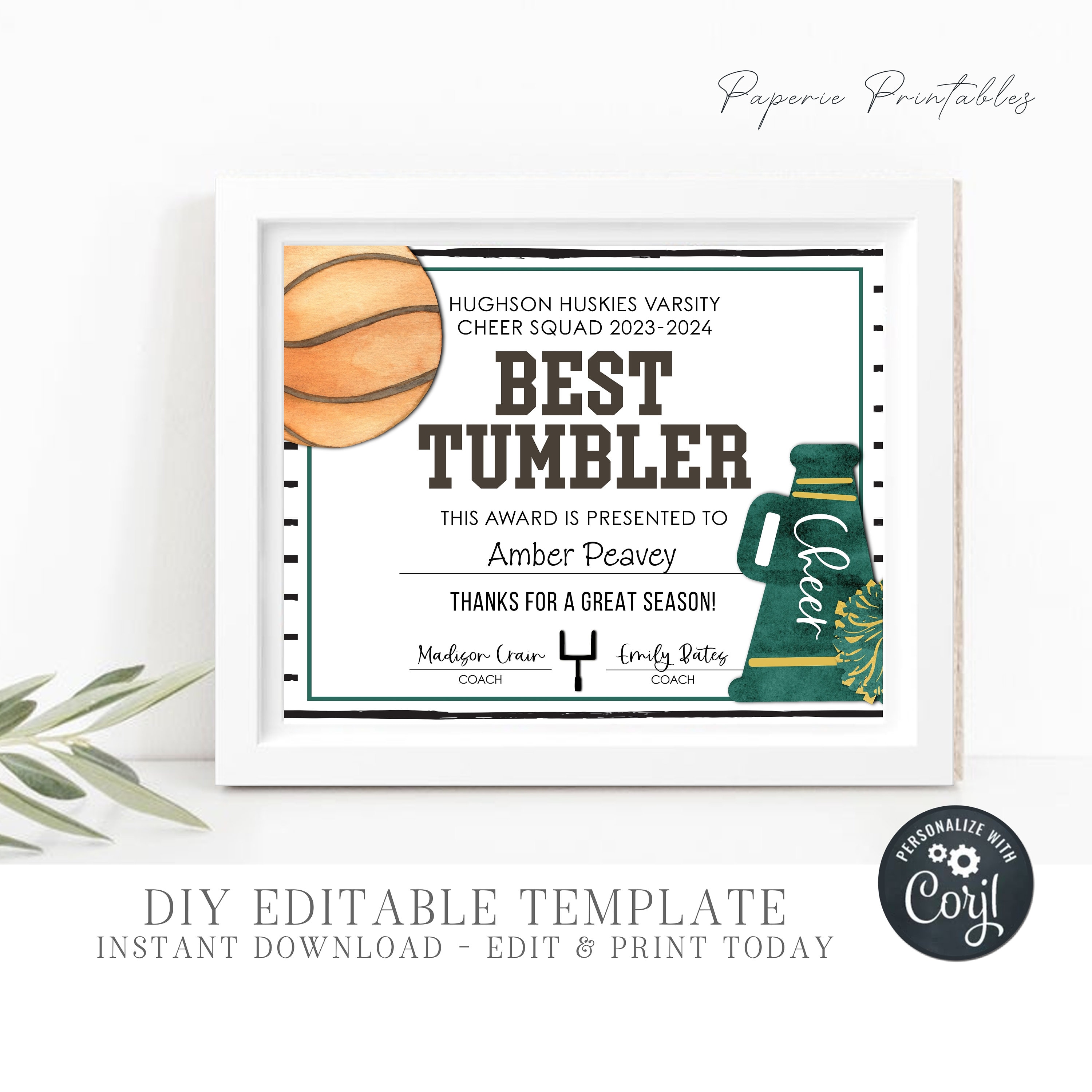 Editable Cheerleading Award Certificate: Green & Gold Team Awards (DIY ...