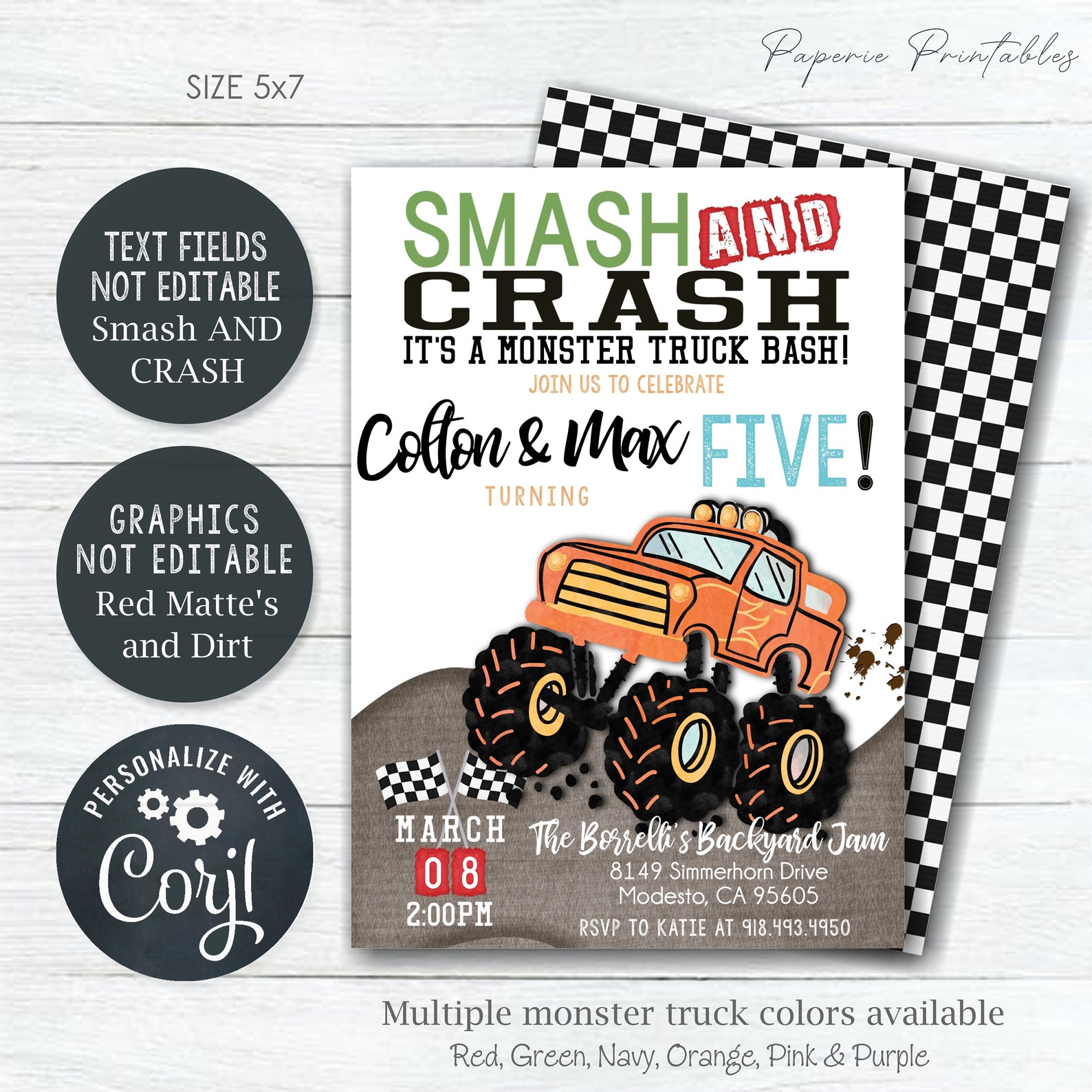 Editable Monster Truck Birthday Invitation: Siblings Smash & Crash (DIY ...