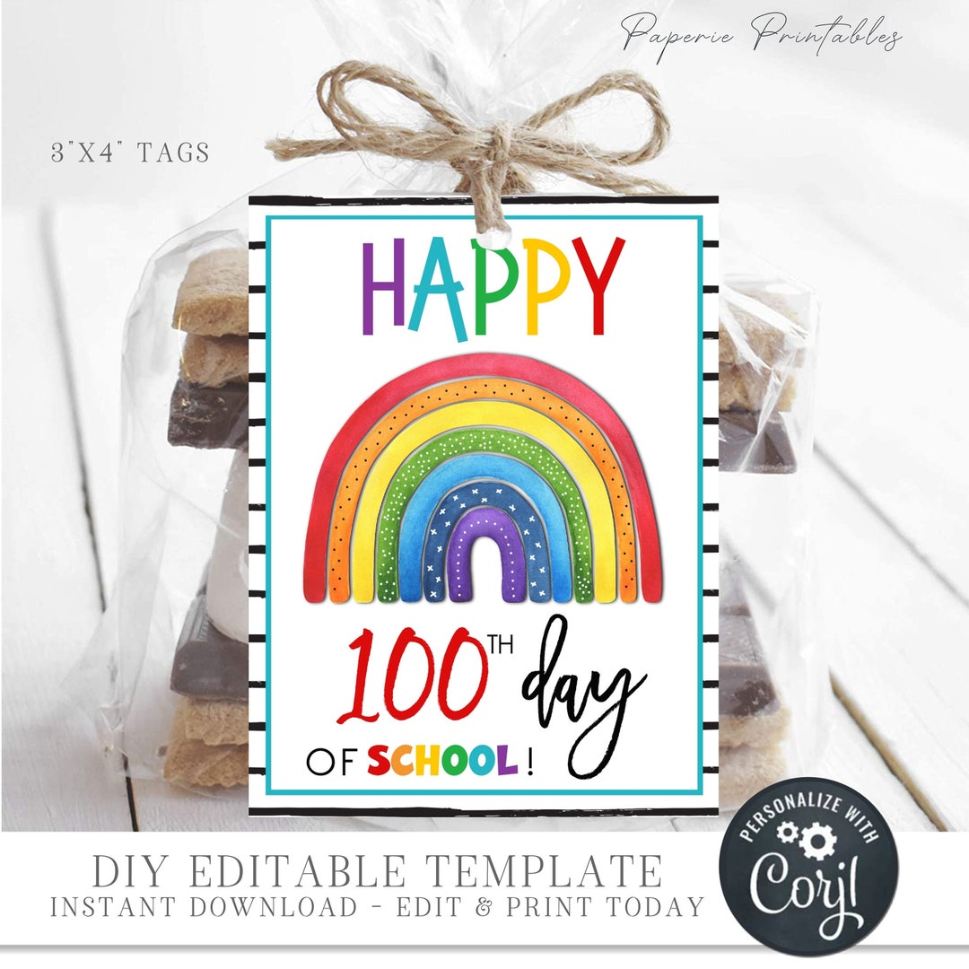 EDITABLE Happy 100th Day of School Tags, 100 Days of School Gift Tag ...