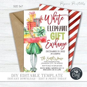 EDITABLE White Elephant Gift Exchange Invitation, Christmas White ...