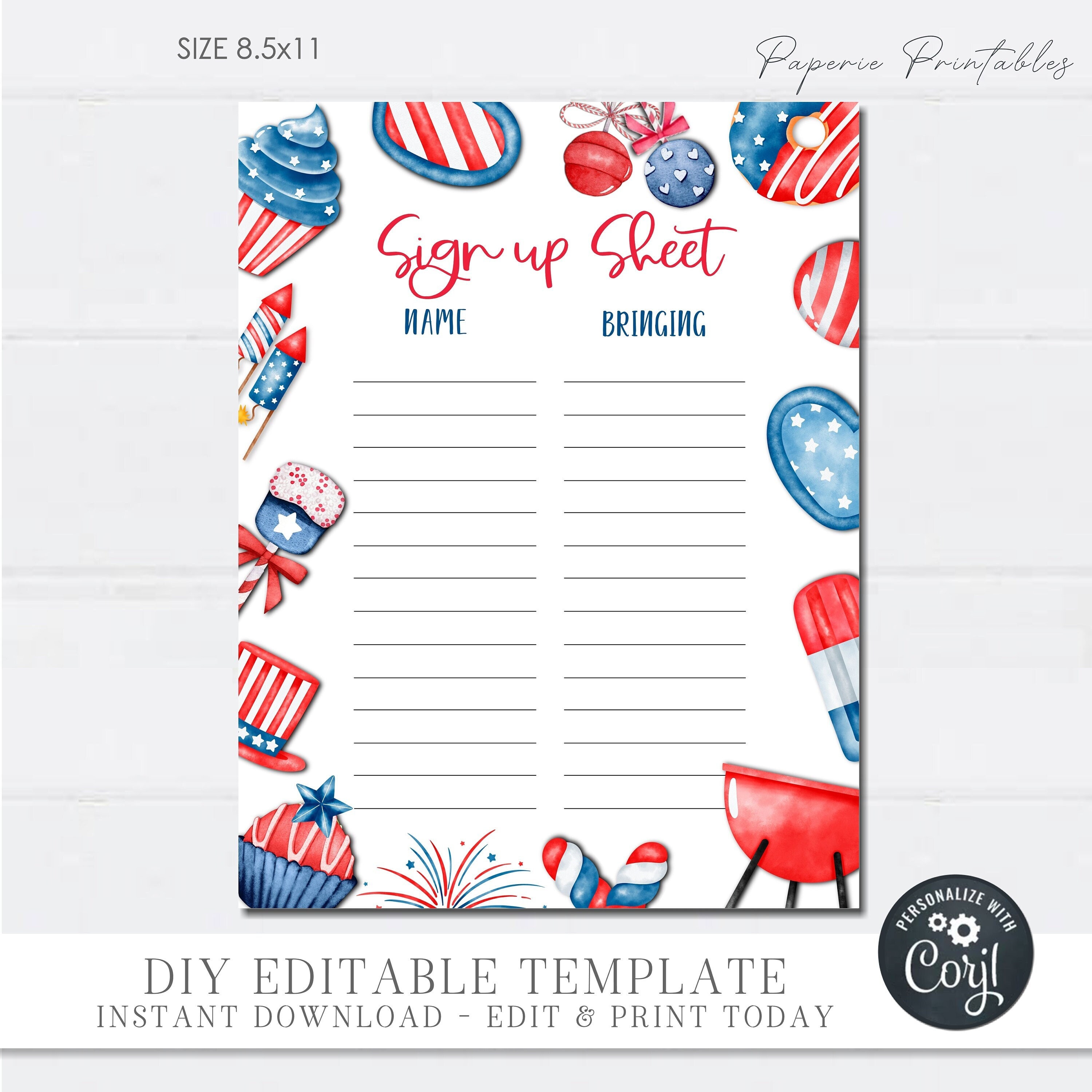 Editable 4th of July Potluck Sign up Sheet (DIY Corjl Template) - Etsy