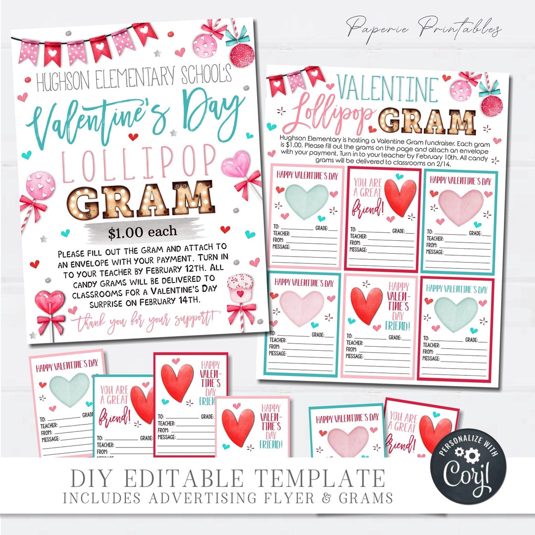 Valentine's Day Lollipop Gram Fundraiser Flyer (DIY Editable Corjl ...