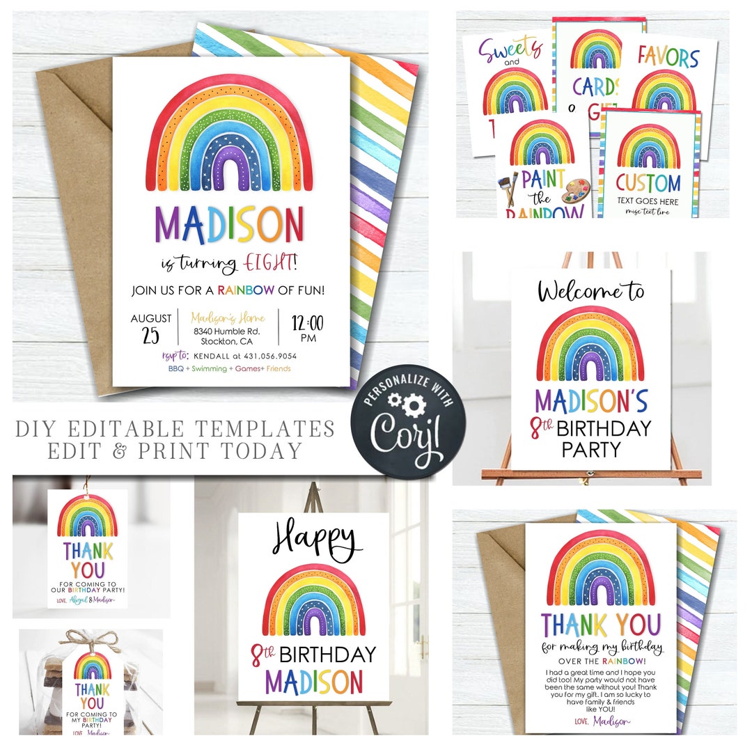 EDITABLE Rainbow Birthday Bundle, Rainbow Birthday Decorations, Rainbow ...