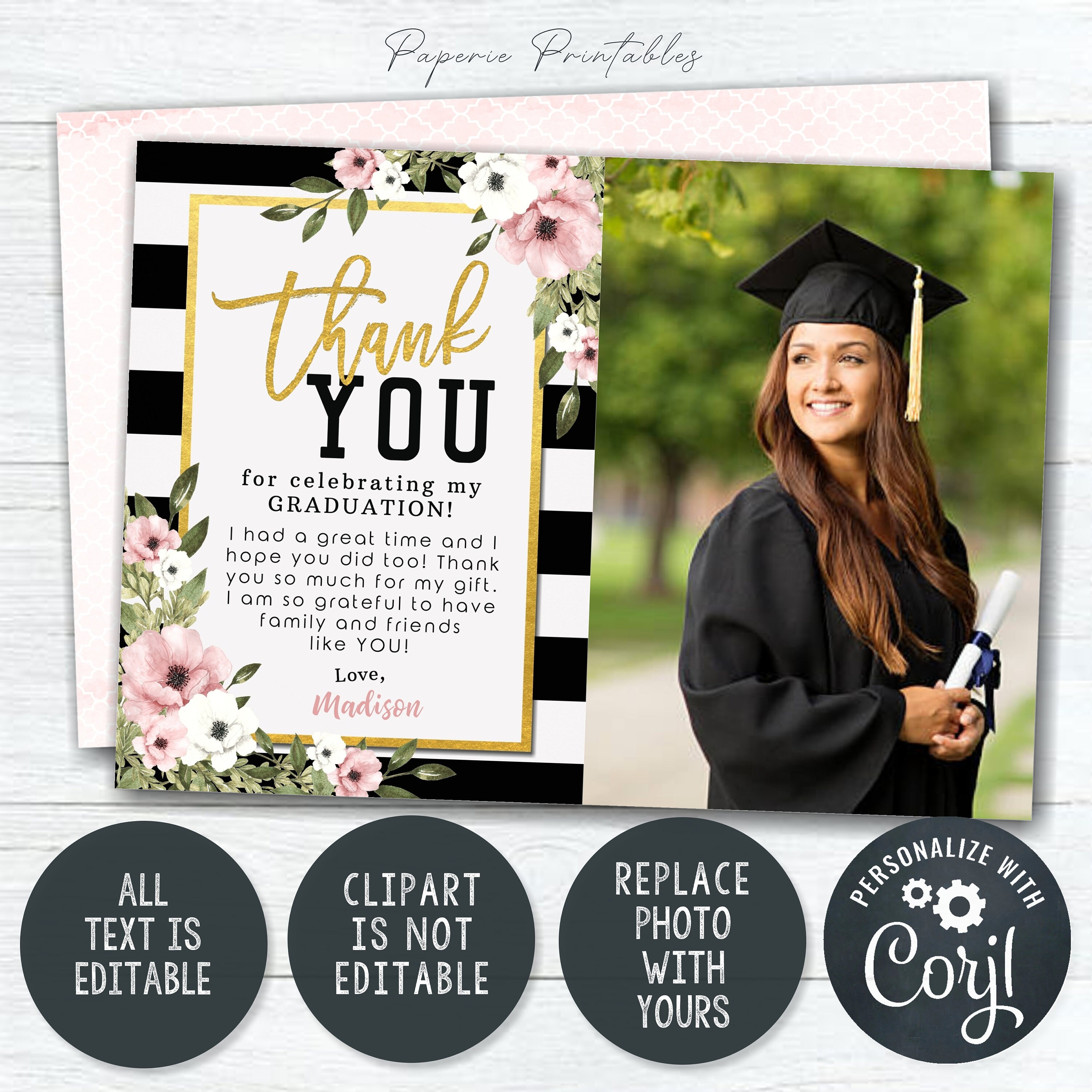 Editable Graduation Thank You Card: Gold Foil Floral Design (DIY Corjl ...